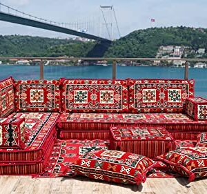 Corner Floor Seating, L Shaped Sofa Set,Turkish Sofa Set, Floor Couch, Oriental Floor Seating, Seating Sofa, Ethnic Sofa,Bohemian Furniture (L Sofa + Rug + Poufs)