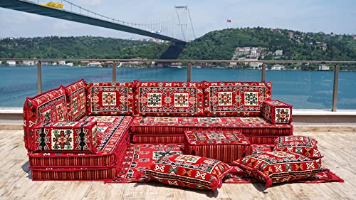 Corner Floor Seating, L Shaped Sofa Set,Turkish Sofa Set, Floor Couch, Oriental Floor Seating, Seating Sofa, Ethnic Sofa,Bohemian Furniture (L Sofa + Rug + Poufs)