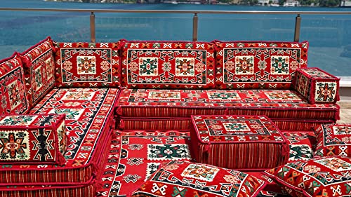 Corner Floor Seating, L Shaped Sofa Set,Turkish Sofa Set, Floor Couch, Oriental Floor Seating, Seating Sofa, Ethnic Sofa,Bohemian Furniture (L Sofa + Rug + Poufs)