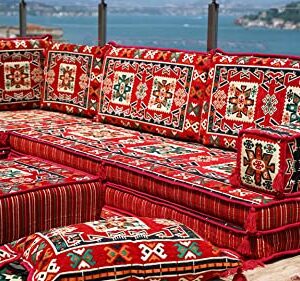 Corner Floor Seating, L Shaped Sofa Set,Turkish Sofa Set, Floor Couch, Oriental Floor Seating, Seating Sofa, Ethnic Sofa,Bohemian Furniture (L Sofa + Rug + Poufs)