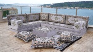 gray l shaped arabic sofa set, floor couch, sectional sofas, arabic majlis, turkish rug, couch covers for 3, sofa bed, poufs (l sofa + rug + poufs)