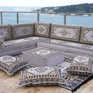 Gray L Shaped Arabic Sofa Set, Floor Couch, Sectional Sofas, Arabic Majlis, Turkish Rug, Couch Covers for 3, Sofa Bed, Poufs (L Sofa + Rug + Poufs)