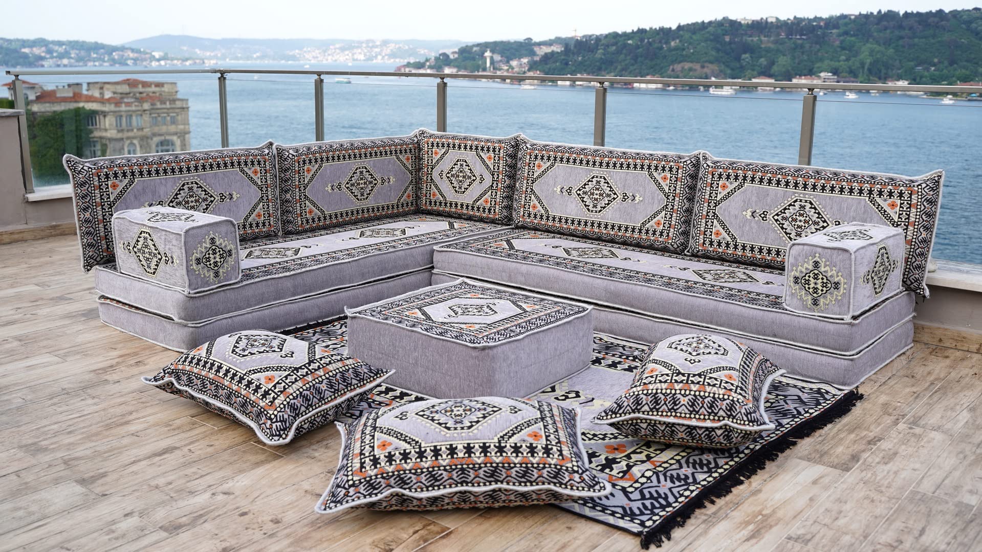 Gray L Shaped Arabic Sofa Set, Floor Couch, Sectional Sofas, Arabic Majlis, Turkish Rug, Couch Covers for 3, Sofa Bed, Poufs (L Sofa + Rug + Poufs)