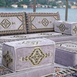 Gray L Shaped Arabic Sofa Set, Floor Couch, Sectional Sofas, Arabic Majlis, Turkish Rug, Couch Covers for 3, Sofa Bed, Poufs (L Sofa + Rug + Poufs)