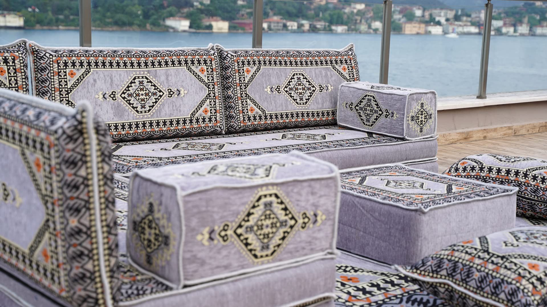 Gray L Shaped Arabic Sofa Set, Floor Couch, Sectional Sofas, Arabic Majlis, Turkish Rug, Couch Covers for 3, Sofa Bed, Poufs (L Sofa + Rug + Poufs)