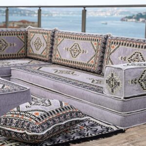 Gray L Shaped Arabic Sofa Set, Floor Couch, Sectional Sofas, Arabic Majlis, Turkish Rug, Couch Covers for 3, Sofa Bed, Poufs (L Sofa + Rug + Poufs)