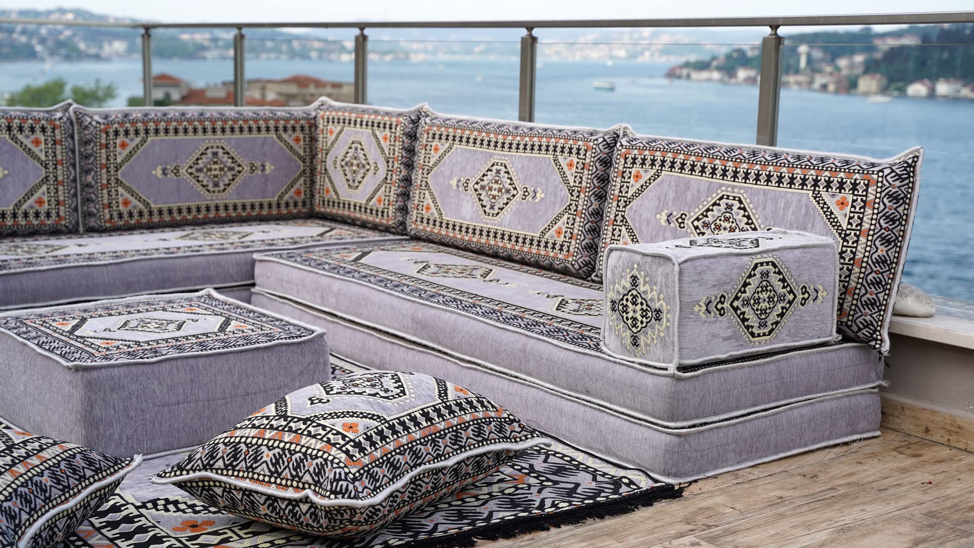 Gray L Shaped Arabic Sofa Set, Floor Couch, Sectional Sofas, Arabic Majlis, Turkish Rug, Couch Covers for 3, Sofa Bed, Poufs (L Sofa + Rug + Poufs)