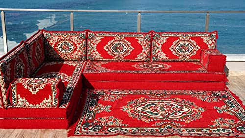 Floral Floor Sofa Seating Set, Arabic Floor Sofa Set, Garden Sofas, Oriental Floor Seating, Floor Cushions, Floor Couches, Arabic Majlis (L Sofa + Rug)