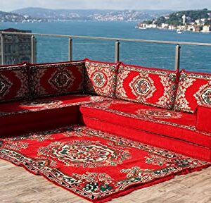 Floral Floor Sofa Seating Set, Arabic Floor Sofa Set, Garden Sofas, Oriental Floor Seating, Floor Cushions, Floor Couches, Arabic Majlis (L Sofa + Rug)