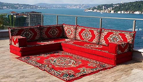 Floral Floor Sofa Seating Set, Arabic Floor Sofa Set, Garden Sofas, Oriental Floor Seating, Floor Cushions, Floor Couches, Arabic Majlis (L Sofa + Rug)