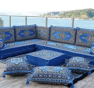 Blue Premium Arabic Seating, Handmade Floor Couches, Sectional Sofas, Turkish Floor Sofas, Moroccan Livingroom Sofas, Arabic Majlis, Sofa Slipcovers, Living Room Furniture (L Sofa Full Set)