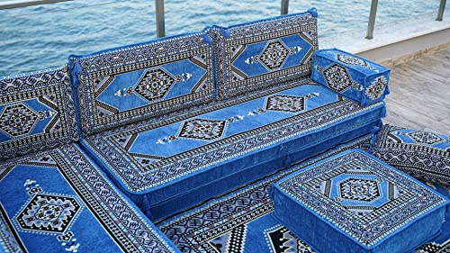 Blue Premium Arabic Seating, Handmade Floor Couches, Sectional Sofas, Turkish Floor Sofas, Moroccan Livingroom Sofas, Arabic Majlis, Sofa Slipcovers, Living Room Furniture (L Sofa Full Set)