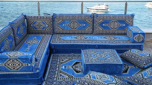 Blue Premium Arabic Seating, Handmade Floor Couches, Sectional Sofas, Turkish Floor Sofas, Moroccan Livingroom Sofas, Arabic Majlis, Sofa Slipcovers, Living Room Furniture (L Sofa Full Set)