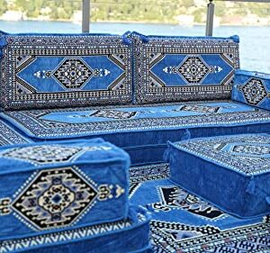 Blue Premium Arabic Seating, Handmade Floor Couches, Sectional Sofas, Turkish Floor Sofas, Moroccan Livingroom Sofas, Arabic Majlis, Sofa Slipcovers, Living Room Furniture (L Sofa Full Set)