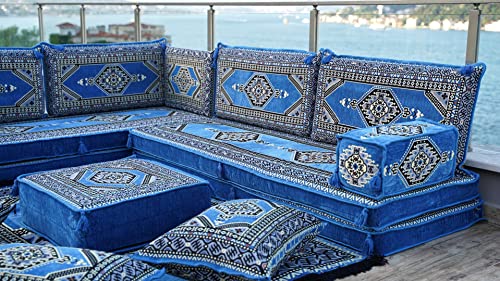 Blue Premium Arabic Seating, Handmade Floor Couches, Sectional Sofas, Turkish Floor Sofas, Moroccan Livingroom Sofas, Arabic Majlis, Sofa Slipcovers, Living Room Furniture (L Sofa Full Set)