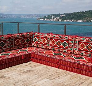 Red L Shaped Pallet Cushions, Arabic Floor Sofa Set, Oriental Floor Seating, Sectional Floor Cushion, Indoor Floor Pillows, Arabic Sofa Set (L Sofa Only)