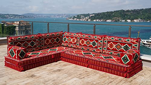 Red L Shaped Pallet Cushions, Arabic Floor Sofa Set, Oriental Floor Seating, Sectional Floor Cushion, Indoor Floor Pillows, Arabic Sofa Set (L Sofa Only)