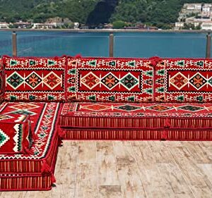 Red L Shaped Pallet Cushions, Arabic Floor Sofa Set, Oriental Floor Seating, Sectional Floor Cushion, Indoor Floor Pillows, Arabic Sofa Set (L Sofa Only)