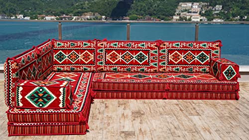 Red L Shaped Pallet Cushions, Arabic Floor Sofa Set, Oriental Floor Seating, Sectional Floor Cushion, Indoor Floor Pillows, Arabic Sofa Set (L Sofa Only)