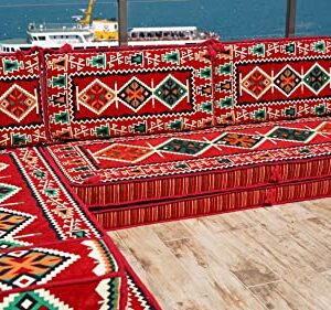 Red L Shaped Pallet Cushions, Arabic Floor Sofa Set, Oriental Floor Seating, Sectional Floor Cushion, Indoor Floor Pillows, Arabic Sofa Set (L Sofa Only)