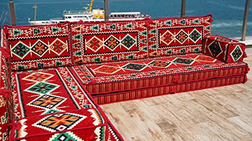 Red L Shaped Pallet Cushions, Arabic Floor Sofa Set, Oriental Floor Seating, Sectional Floor Cushion, Indoor Floor Pillows, Arabic Sofa Set (L Sofa Only)