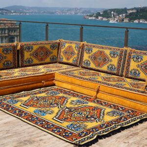 Yellow Premium Arabic Seating, Handmade Floor Couches, Sectional Sofas, Turkish Floor Sofas, Moroccan Livingroom Sofas, Arabic Majlis, Sofa Slipcovers, Living Room Furniture (L Sofa + Rug)