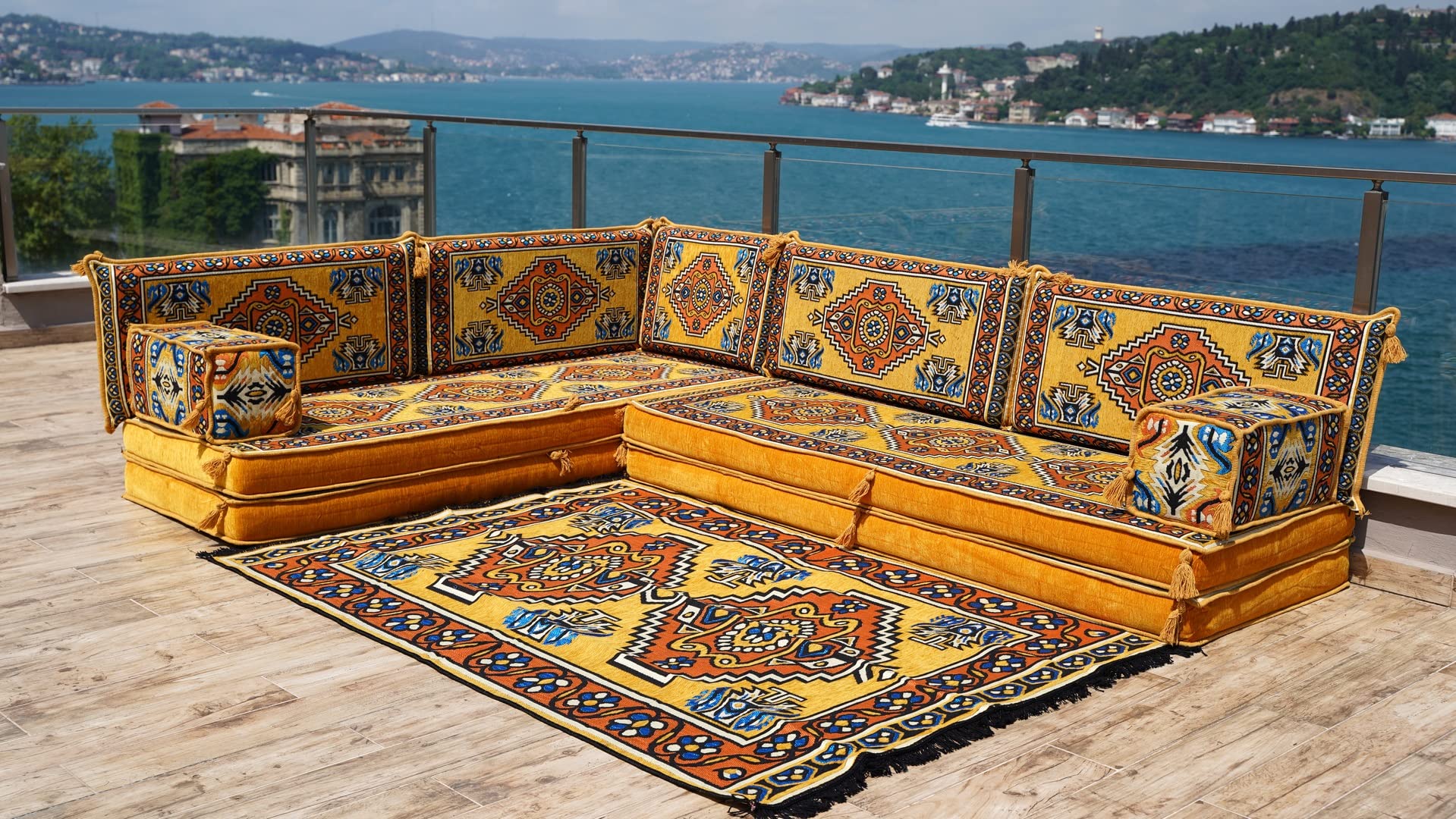 Yellow Premium Arabic Seating, Handmade Floor Couches, Sectional Sofas, Turkish Floor Sofas, Moroccan Livingroom Sofas, Arabic Majlis, Sofa Slipcovers, Living Room Furniture (L Sofa + Rug)