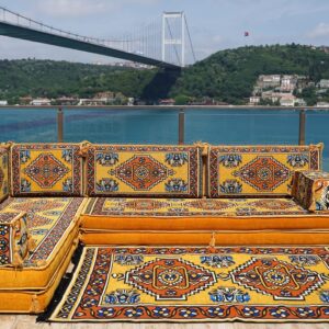 Yellow Premium Arabic Seating, Handmade Floor Couches, Sectional Sofas, Turkish Floor Sofas, Moroccan Livingroom Sofas, Arabic Majlis, Sofa Slipcovers, Living Room Furniture (L Sofa + Rug)