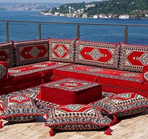 Red Corner Sofa Seating Set, L Shaped Arabic Sofa Set, Oriental Floor Seating, Living Room Sofa, Sofa Slipcovers, Patio Sofa (L Sofa + Rug + Poufs)