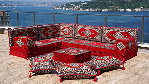 Red Corner Sofa Seating Set, L Shaped Arabic Sofa Set, Oriental Floor Seating, Living Room Sofa, Sofa Slipcovers, Patio Sofa (L Sofa + Rug + Poufs)