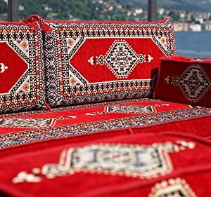 Red Corner Sofa Seating Set, L Shaped Arabic Sofa Set, Oriental Floor Seating, Living Room Sofa, Sofa Slipcovers, Patio Sofa (L Sofa + Rug + Poufs)