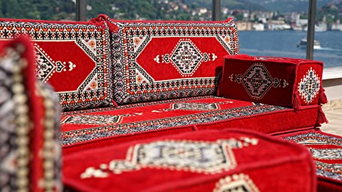 Red Corner Sofa Seating Set, L Shaped Arabic Sofa Set, Oriental Floor Seating, Living Room Sofa, Sofa Slipcovers, Patio Sofa (L Sofa + Rug + Poufs)