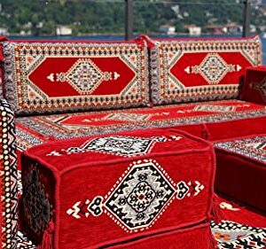 Red Corner Sofa Seating Set, L Shaped Arabic Sofa Set, Oriental Floor Seating, Living Room Sofa, Sofa Slipcovers, Patio Sofa (L Sofa + Rug + Poufs)