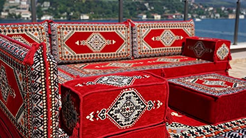 Red Corner Sofa Seating Set, L Shaped Arabic Sofa Set, Oriental Floor Seating, Living Room Sofa, Sofa Slipcovers, Patio Sofa (L Sofa + Rug + Poufs)