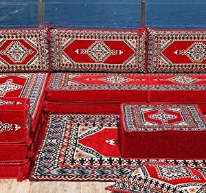 Red Corner Sofa Seating Set, L Shaped Arabic Sofa Set, Oriental Floor Seating, Living Room Sofa, Sofa Slipcovers, Patio Sofa (L Sofa + Rug + Poufs)