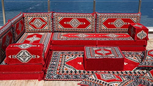 Red Corner Sofa Seating Set, L Shaped Arabic Sofa Set, Oriental Floor Seating, Living Room Sofa, Sofa Slipcovers, Patio Sofa (L Sofa + Rug + Poufs)