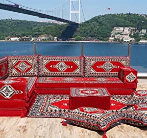 Red Corner Sofa Seating Set, L Shaped Arabic Sofa Set, Oriental Floor Seating, Living Room Sofa, Sofa Slipcovers, Patio Sofa (L Sofa + Rug + Poufs)