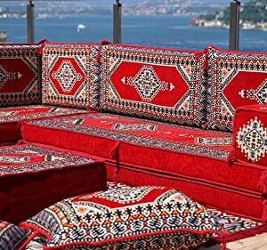 Red Corner Sofa Seating Set, L Shaped Arabic Sofa Set, Oriental Floor Seating, Living Room Sofa, Sofa Slipcovers, Patio Sofa (L Sofa + Rug + Poufs)