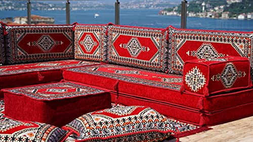 Red Corner Sofa Seating Set, L Shaped Arabic Sofa Set, Oriental Floor Seating, Living Room Sofa, Sofa Slipcovers, Patio Sofa (L Sofa + Rug + Poufs)