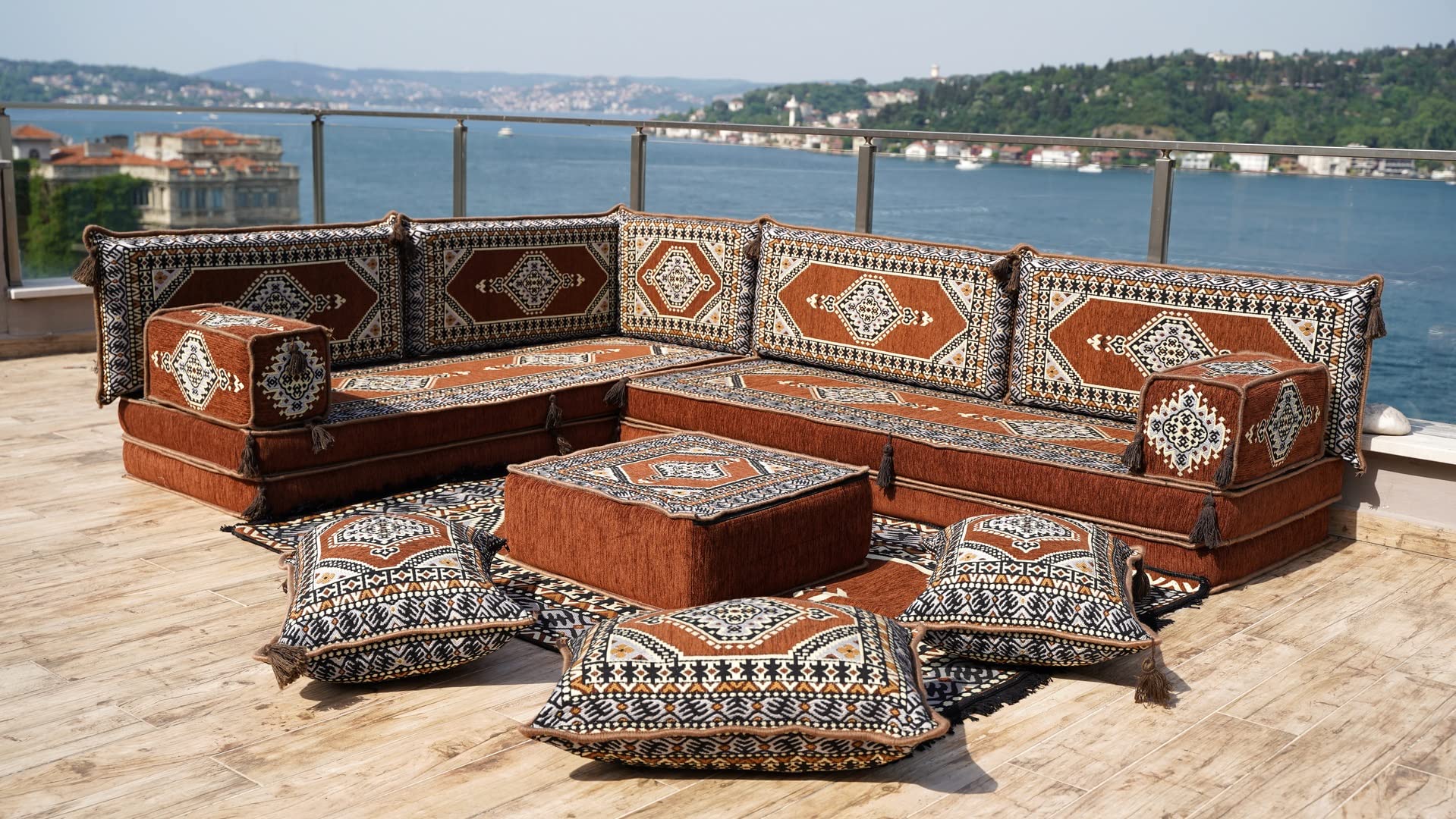 Brown Floor Cushions, Modern Arabic Majlis Set, Floor Sofa Set, Ethnic Sofa, Arabic Jalsa, Moroccan Sofa, Sectional Sofa with Ottoman, Sleeper Sofa (L Sofa + Rug + Poufs)