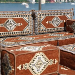 Brown Floor Cushions, Modern Arabic Majlis Set, Floor Sofa Set, Ethnic Sofa, Arabic Jalsa, Moroccan Sofa, Sectional Sofa with Ottoman, Sleeper Sofa (L Sofa + Rug + Poufs)