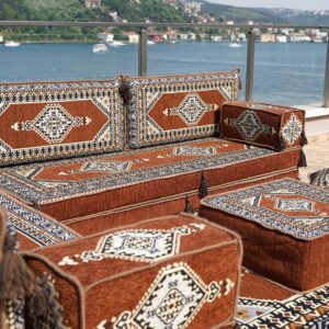 Brown Floor Cushions, Modern Arabic Majlis Set, Floor Sofa Set, Ethnic Sofa, Arabic Jalsa, Moroccan Sofa, Sectional Sofa with Ottoman, Sleeper Sofa (L Sofa + Rug + Poufs)