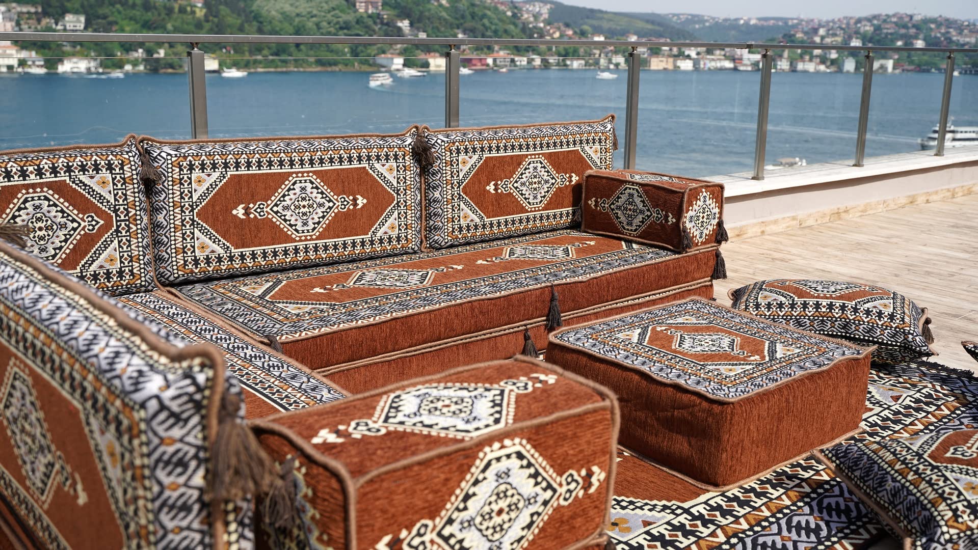 Brown Floor Cushions, Modern Arabic Majlis Set, Floor Sofa Set, Ethnic Sofa, Arabic Jalsa, Moroccan Sofa, Sectional Sofa with Ottoman, Sleeper Sofa (L Sofa + Rug + Poufs)