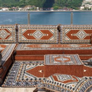 Brown Floor Cushions, Modern Arabic Majlis Set, Floor Sofa Set, Ethnic Sofa, Arabic Jalsa, Moroccan Sofa, Sectional Sofa with Ottoman, Sleeper Sofa (L Sofa + Rug + Poufs)