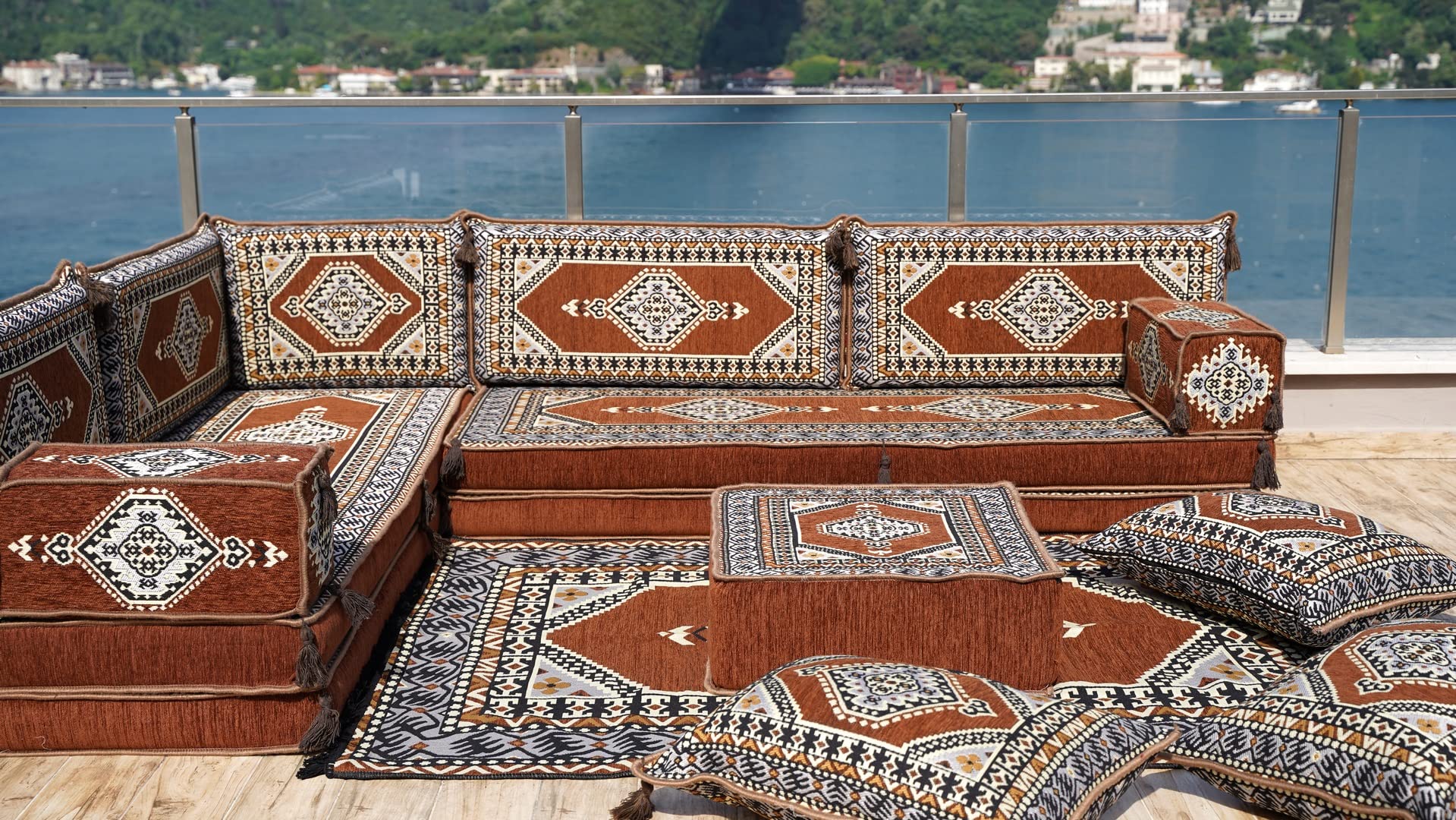 Brown Floor Cushions, Modern Arabic Majlis Set, Floor Sofa Set, Ethnic Sofa, Arabic Jalsa, Moroccan Sofa, Sectional Sofa with Ottoman, Sleeper Sofa (L Sofa + Rug + Poufs)