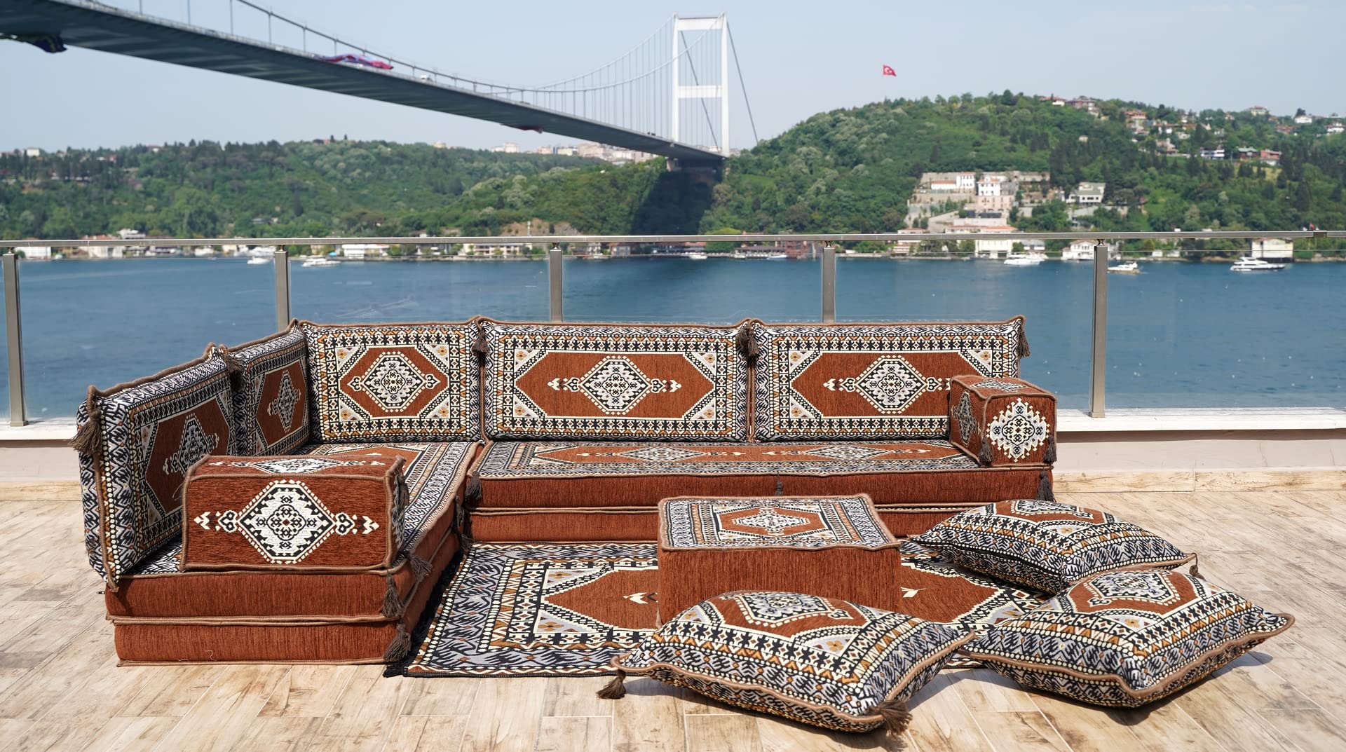 Brown Floor Cushions, Modern Arabic Majlis Set, Floor Sofa Set, Ethnic Sofa, Arabic Jalsa, Moroccan Sofa, Sectional Sofa with Ottoman, Sleeper Sofa (L Sofa + Rug + Poufs)