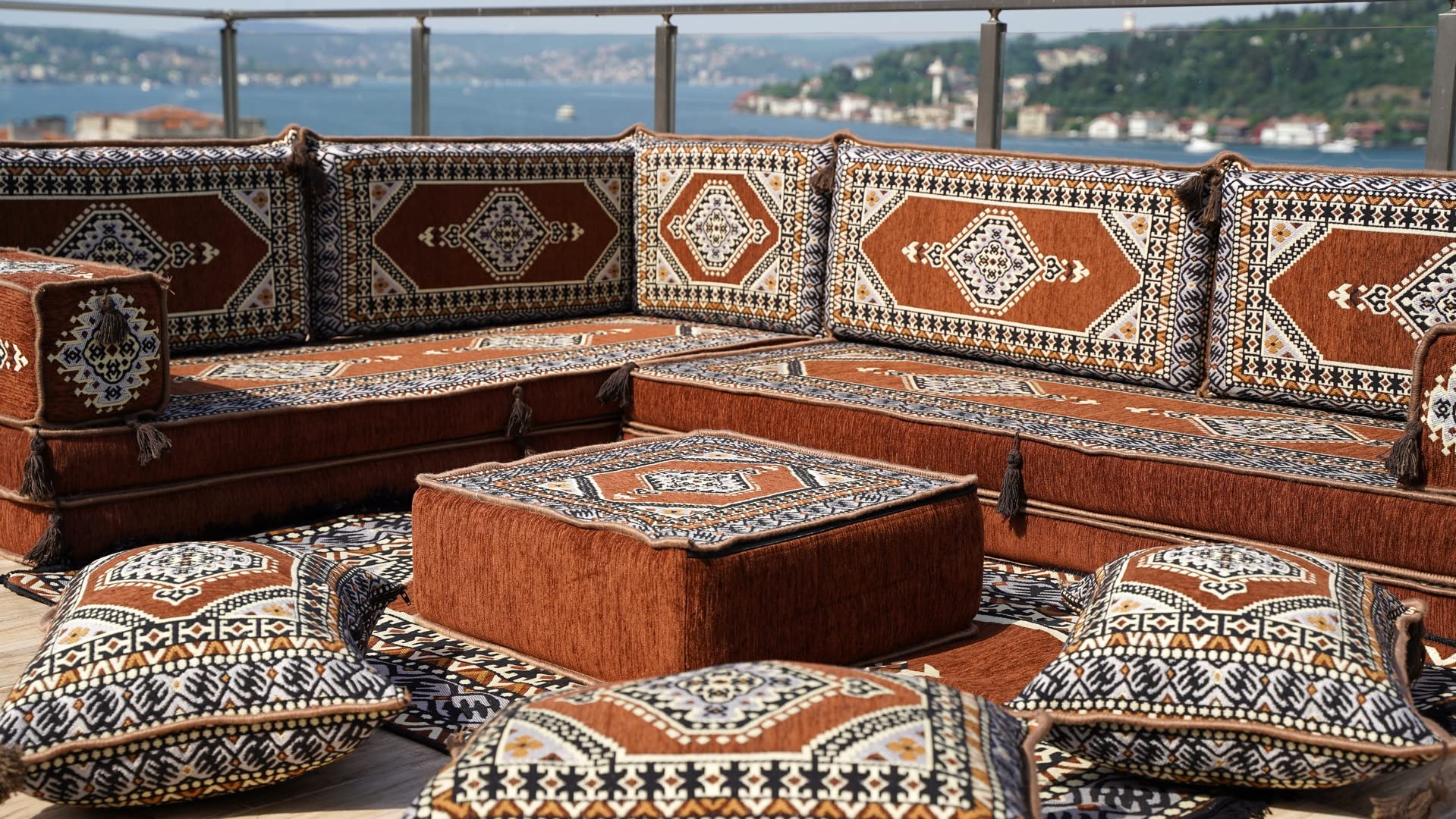 Brown Floor Cushions, Modern Arabic Majlis Set, Floor Sofa Set, Ethnic Sofa, Arabic Jalsa, Moroccan Sofa, Sectional Sofa with Ottoman, Sleeper Sofa (L Sofa + Rug + Poufs)