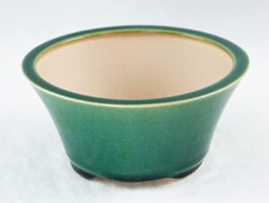 fine round green glazed cactus & succulent planter, shohin bonsai pot + mesh - 5.25"x 5.25"x 2.5"