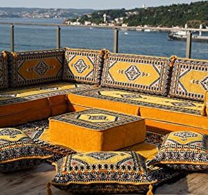 Yellow Traditional Floor Couch Set, L Shaped Sectional Sofas, Arabic Floor Sofa Set,Yoga Meditation Mat, Futon Sofa Bed (L Sofa + Rug + Poufs)