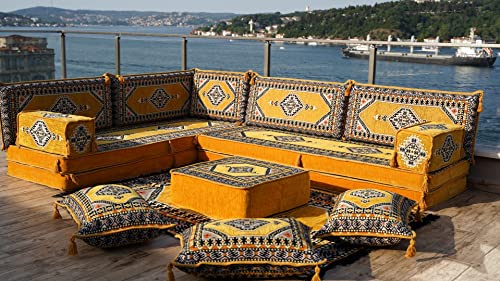 Yellow Traditional Floor Couch Set, L Shaped Sectional Sofas, Arabic Floor Sofa Set,Yoga Meditation Mat, Futon Sofa Bed (L Sofa + Rug + Poufs)